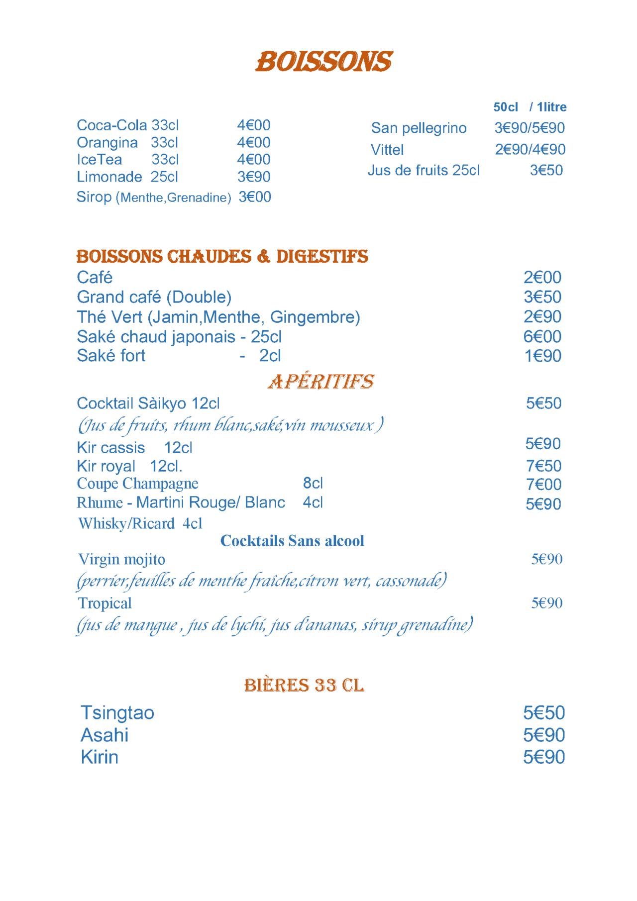 Menu sur place | SAIKYO Restaurant